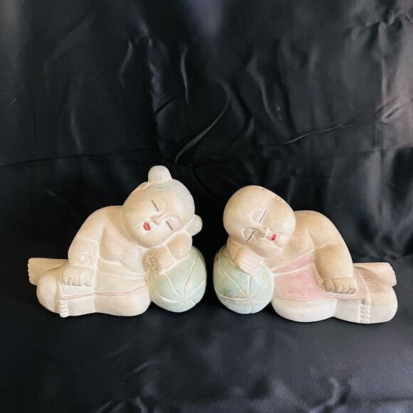 Vintage | Accents | Vintage Asian Hand Carved Girl Boy Sleeping ...